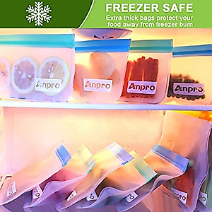 Anpro Reusable Food Storage Bags Leakproof - 11 Pack Anpro BPA Free Freezer Bags (2 Reusable Gallon Bags, 5 Resuable Sandwich Bags, 4 Reusable Snack Bags), Silicone Bags for Lunch