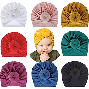 8 Pack Solid Green Blue Red Pink Gray Large Donut Ball Knot Bow Cotton Beanie Turban Hat Cap India Muslim Islamic Headwrap Winter Hospital Nursery for Newborn Baby Girl Infant Toddler Kids