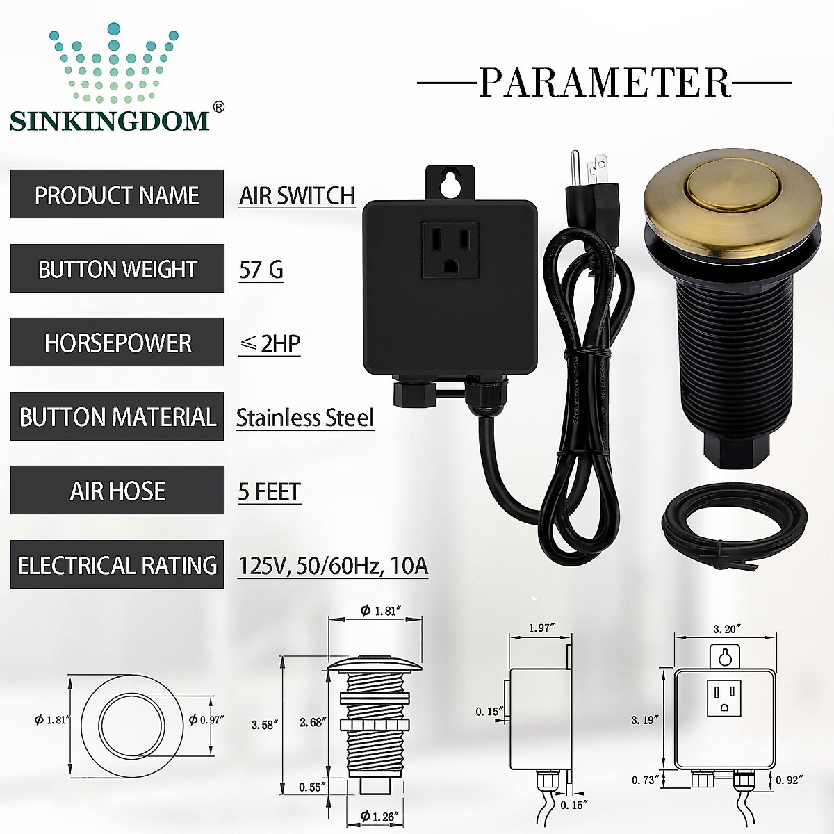 SINKINGDOM Garbage Disposal SinkTop Air Switch Kit with Long Button,Brass Made Cover,Champagne Bronze