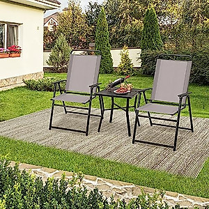 Giantex Patio Chairs Set of 4, Outdoor Folding Chairs with Armrests, Metal Frame, Outside Foldable Dining Chairs for Lawn Deck Porch Beach Yard (Gray & Black)