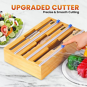 mHomeBilt Bag Storage Organizer with Foil and Saran Wrap Dispenser With Cutter For Kitchen Drawer - 9 in 1 Bamboo Plastic Food Bag Storage Containers Perfect For Gallon, Quart Bags & 12" Rolls