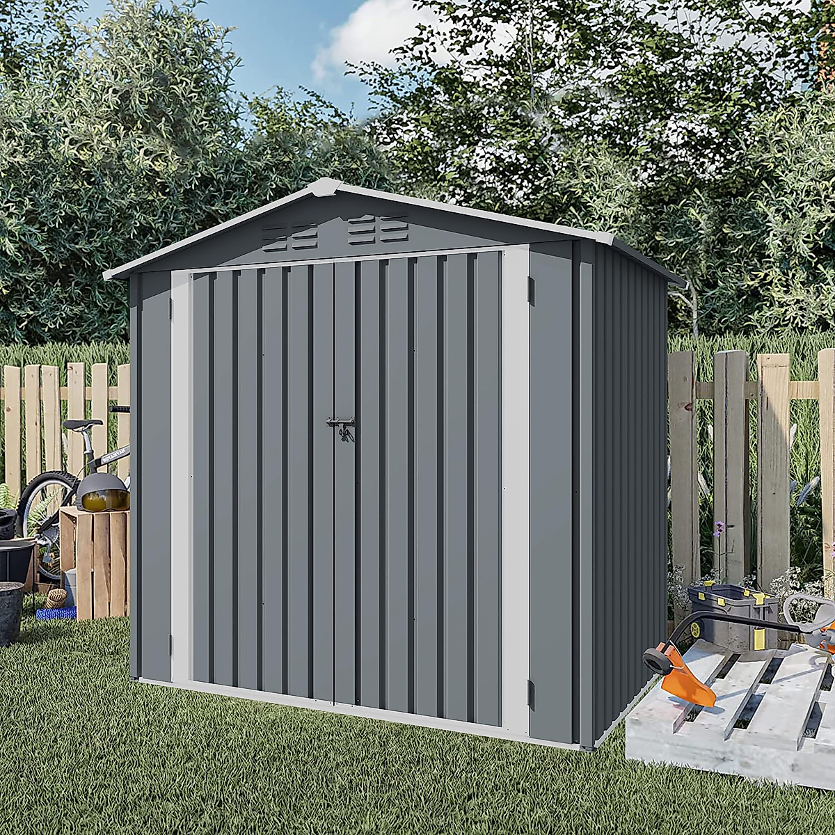 Ball & Cast 6x4 FT Outdoor Storage Shed, Heavy Duty Metal Sheds with Sloping Roof and Sliding Doors,Waterproof Tool Sheds with Punched Vents for Garden,Backyard,Lawn,Easy to Assemble,Grey