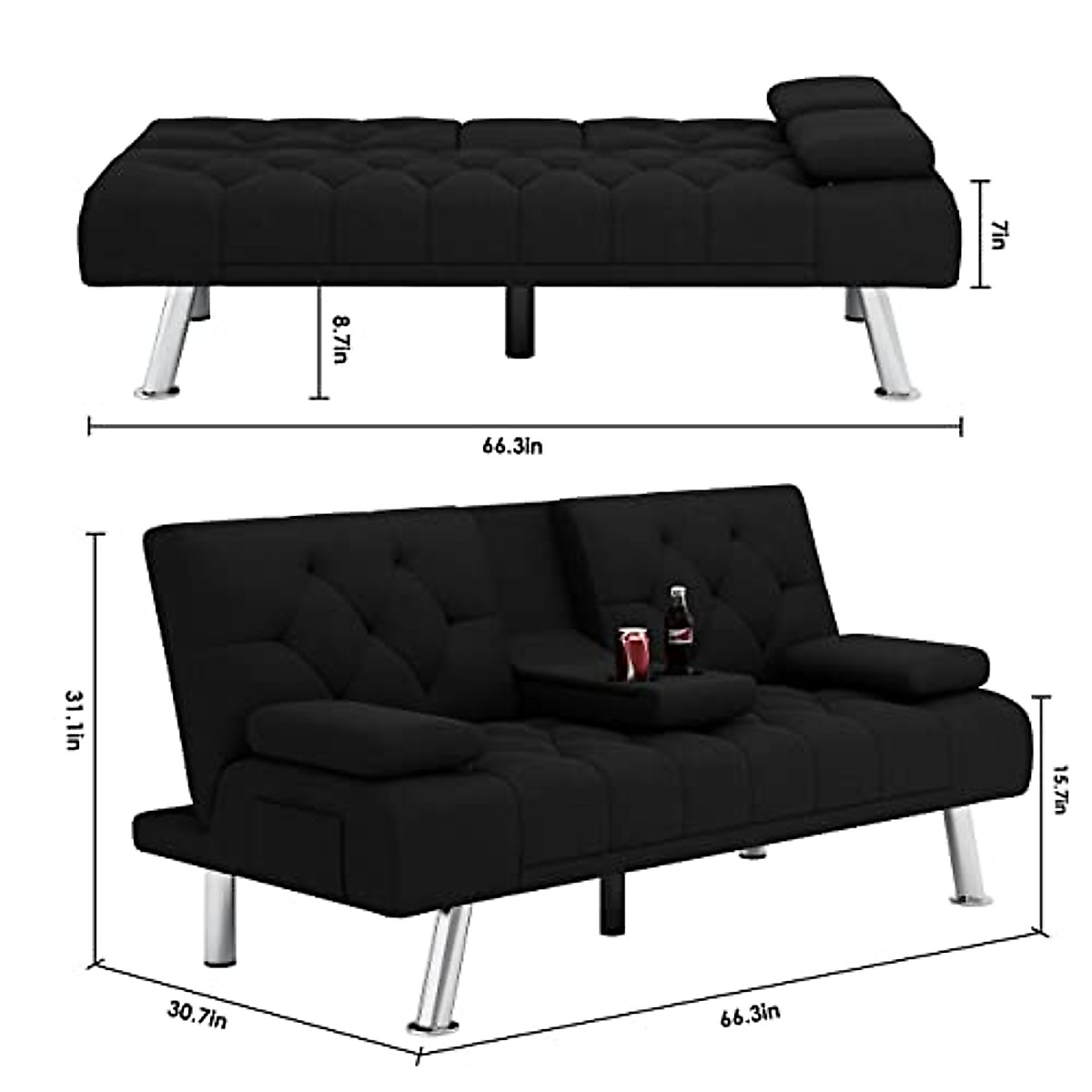 HIFIT Sofa Bed, Upholstered Convertible Folding Sleeper with Removable Armrests, Modern Futon Couch for Living Room, Bedroom, 2 Cupholders, Metal Legs, Black
