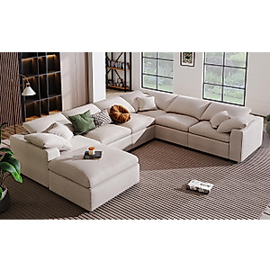 WILLIAMSPACE 130.2" Oversized Beige Sectional Couch Sofa for Living Room, Modular Upholstered Sofa Couch with Ottoman, L Shaped Corner Sectional with 5 Pillows for Spacious Space (Beige)