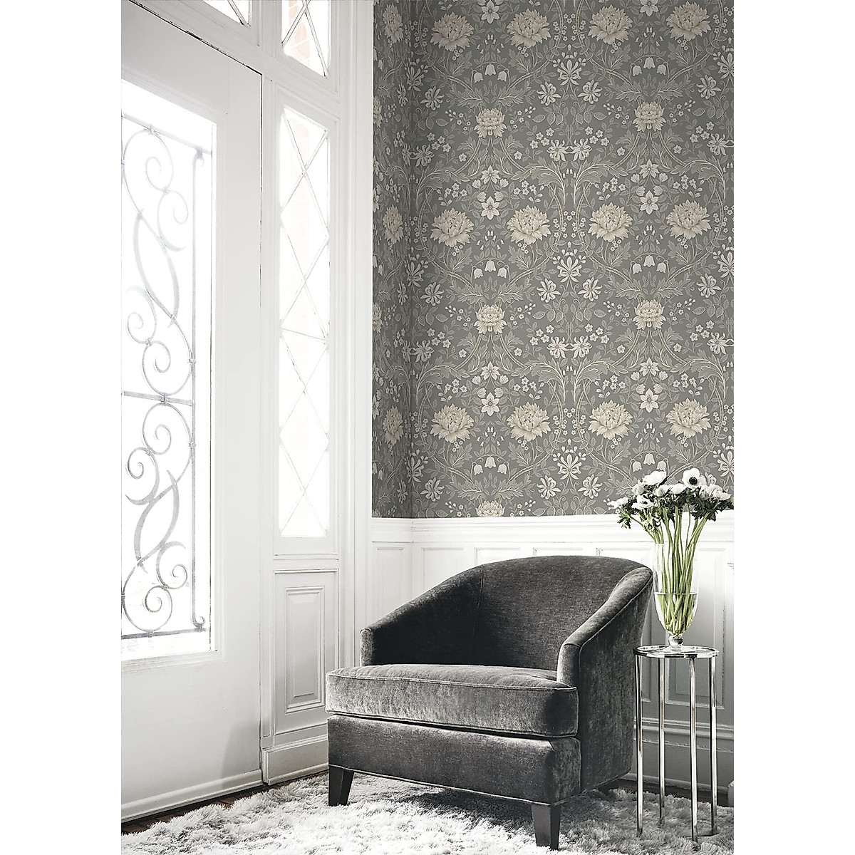 NextWall Honeysuckle Trail Floral Peel and Stick Wallpaper (Daydream Grey)