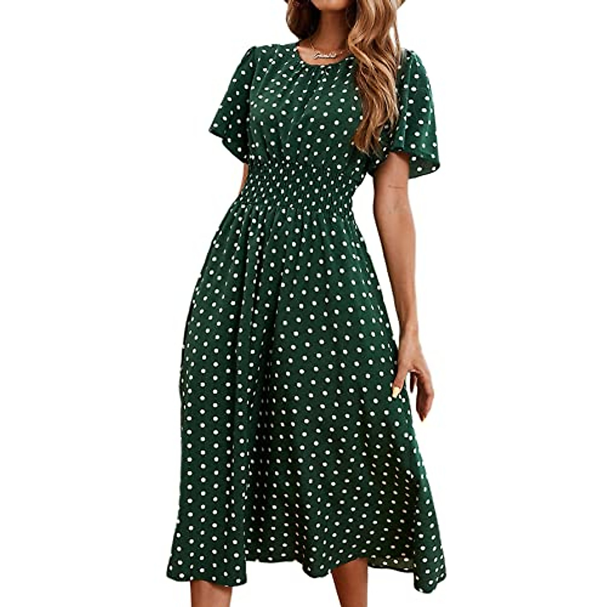 Verdusa Women's Polka Dots Print Short Sleeve Shirred A Line Flared Midi Dress Dark Green M