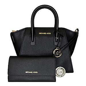 Michael Kors MICHAEL Michael Kors Avril Small Logo Top-Zip Satchel bundled with Trifold Wallet Purse Hook (Black)