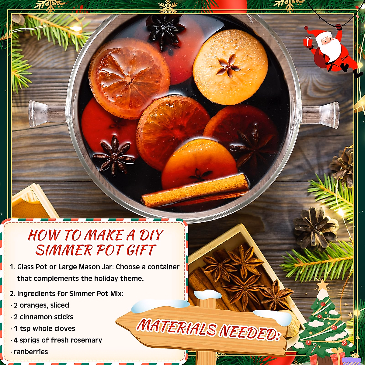 Baderke Christmas Simmer Pot Gift 50 oz Glass Cooking Festive Saucepan Pots with Christmas Card Artificial Red Berries Pine Needles Handmade Cotton Rope Red Ribbon Stirring Spoon for DIY Xmas Gift