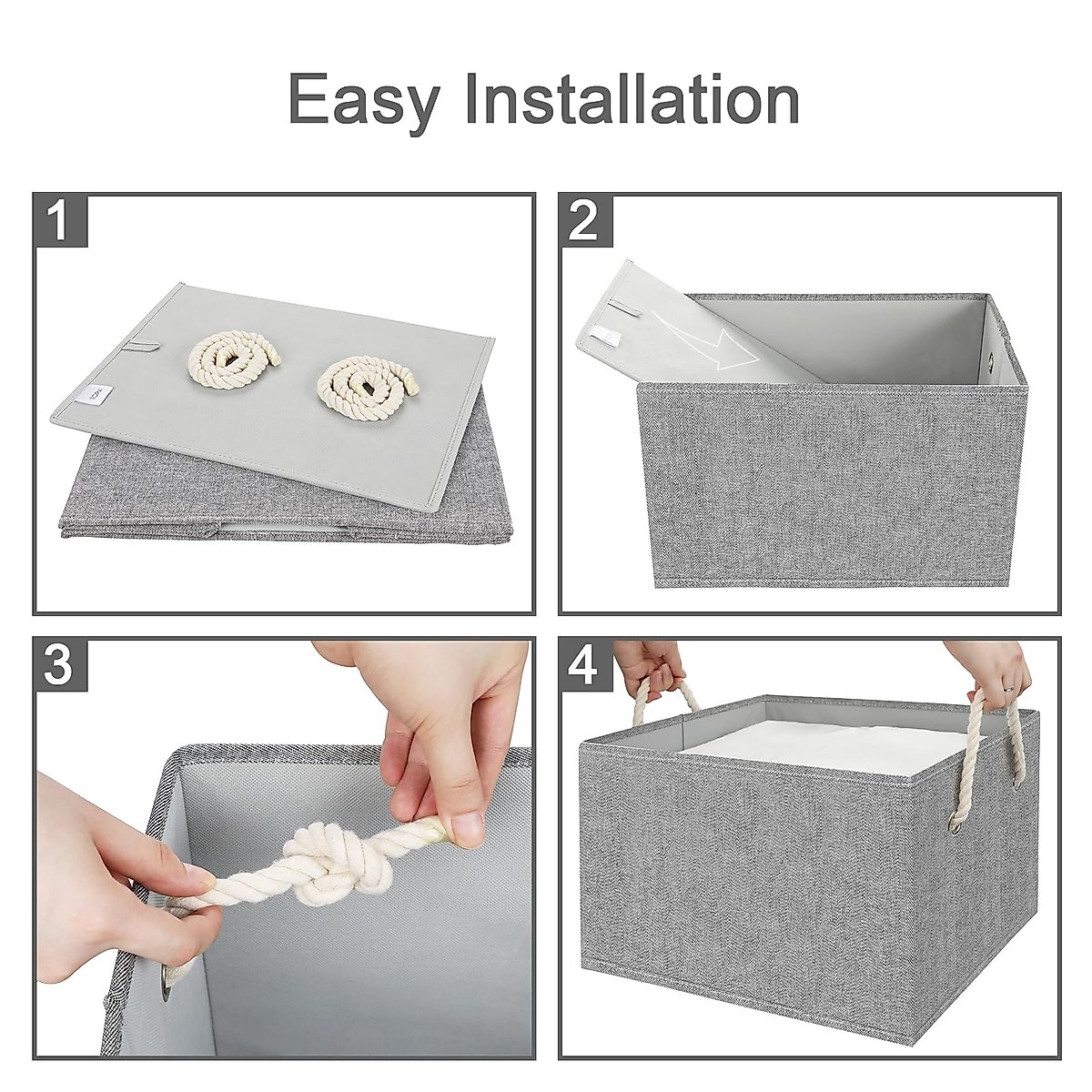 TOPIA HOME Closet Organizers and Storage Bins for Shelves, EXTRA LARGE, 3-Pack Foldable Storage Baskets for Organizing with Rope Handles, Collapsible Fabric Cube Organization Boxes, Gray, TP03DG