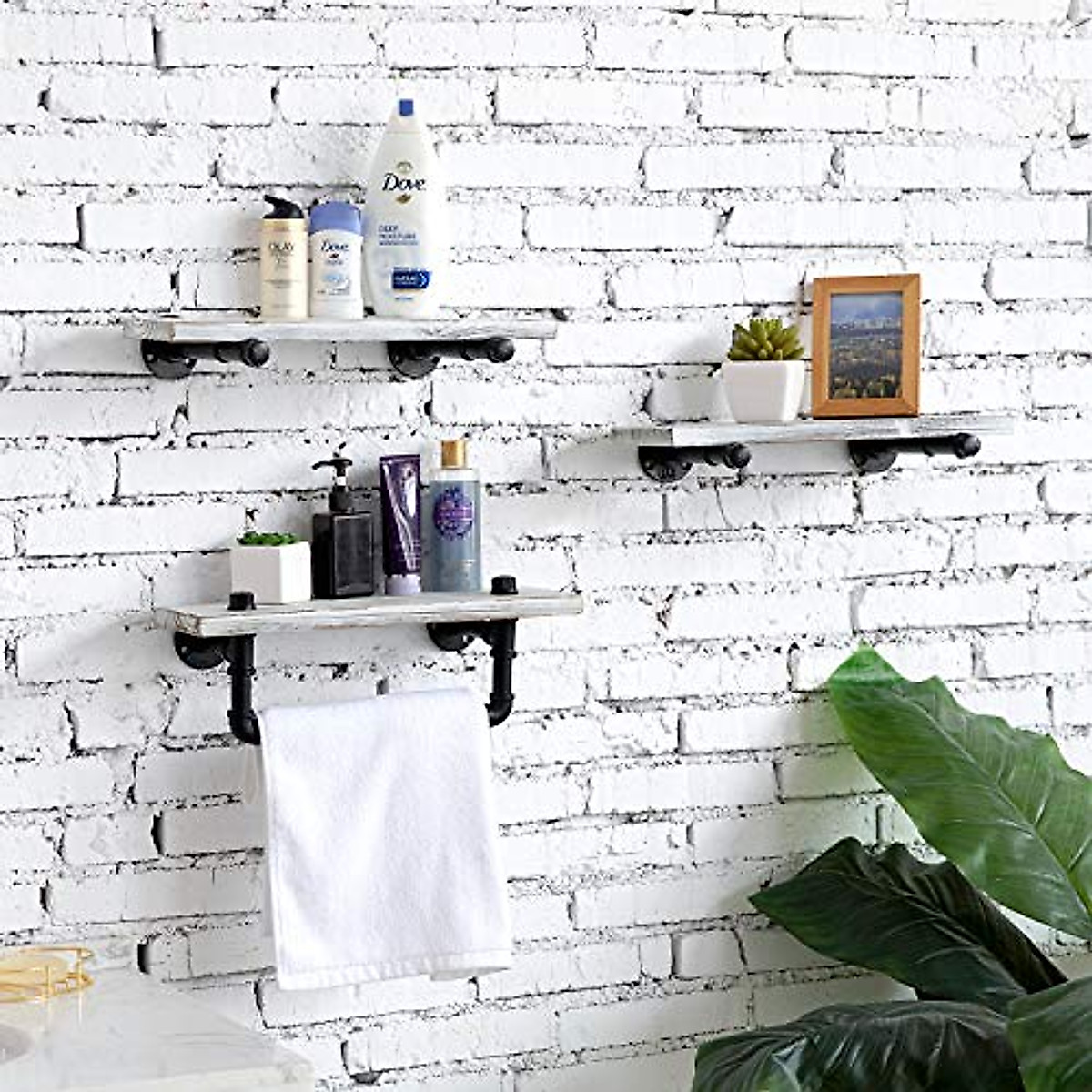 MyGift Wall Mounted White Washed Solid Wood Floating Shelf Organizer, 3 Piece Set Mounted Bathroom Display Shelf with Towel Bar and Industrial Metal Pipe Brackets