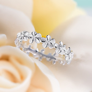 Aloha Jewelry Company 925 Sterling Silver Plumeria Flower Eternity Wedding Engagement Band Stackable Promise Ring, Nickle Free Hypoallergenic for Sensitive Skin, with Gift Box (4.5, Silver)