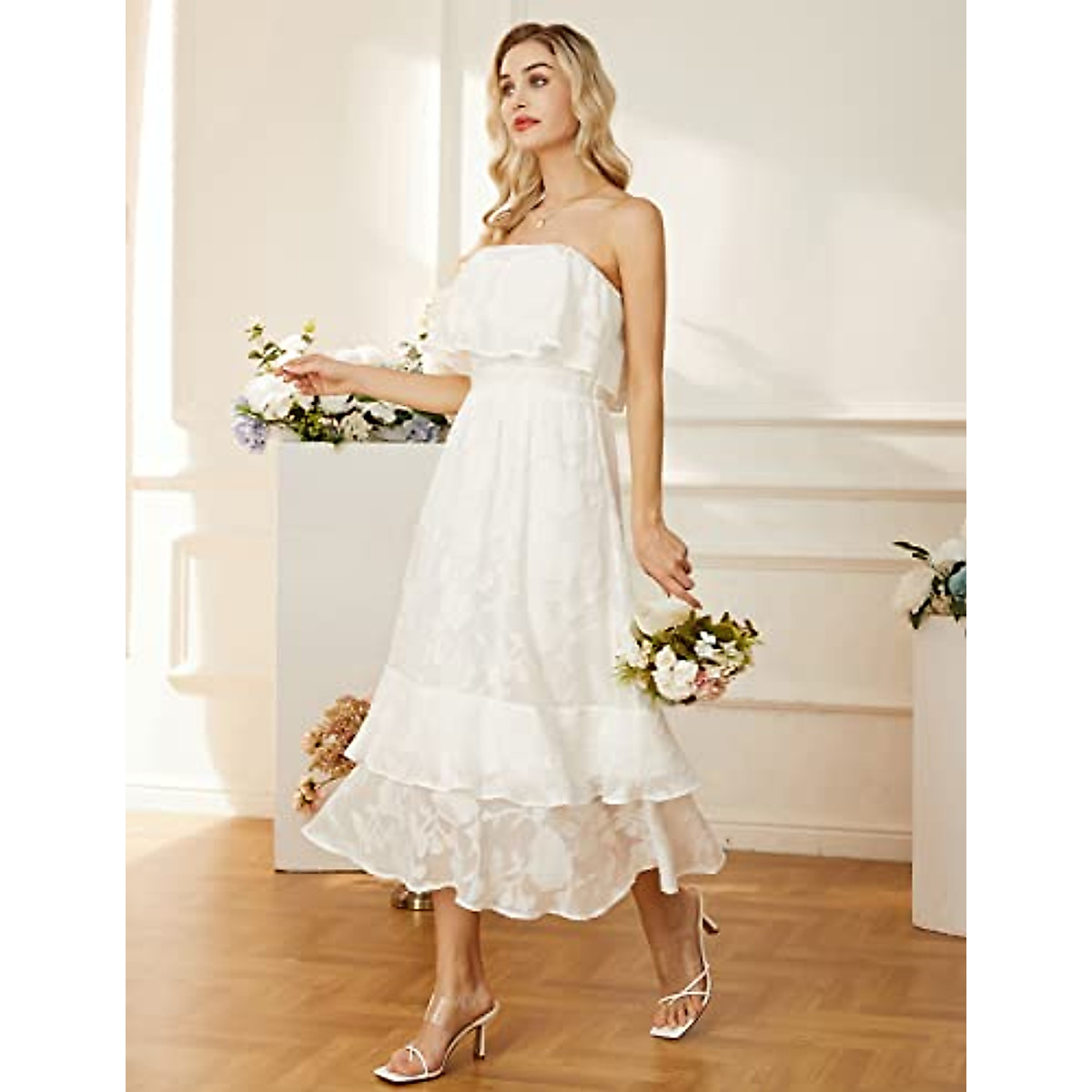 Cocktail Dresses for Women Wedding Guest Long Floral Textured Party Dresses Summer Holiday White L