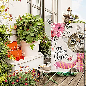 Spring Garden Flag for Outside 12x18 Double Sided,Cat with Sakura Scarf Small Yard Flag,Summer Seasonal Decors for Outdoor Anniversary Wedding Farmhouse Holiday