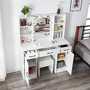 Xinhonglei Large Vanity Set with LED Lights, Vanity Desk with Mirror and Lights, Makeup Vanity Dressing Table with Drawewrs, Cabinet and Cushioned Stool for Bedroom, White