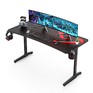 It's_Organized Gaming Desk, 60 Inch Computer Desk Carbon Fiber Surface Gamer Desk with Free Mouse pad, T-Shaped Professional Gaming Table with USB Gaming Rack, Cup Holder & Headphone Hooks, (Black)