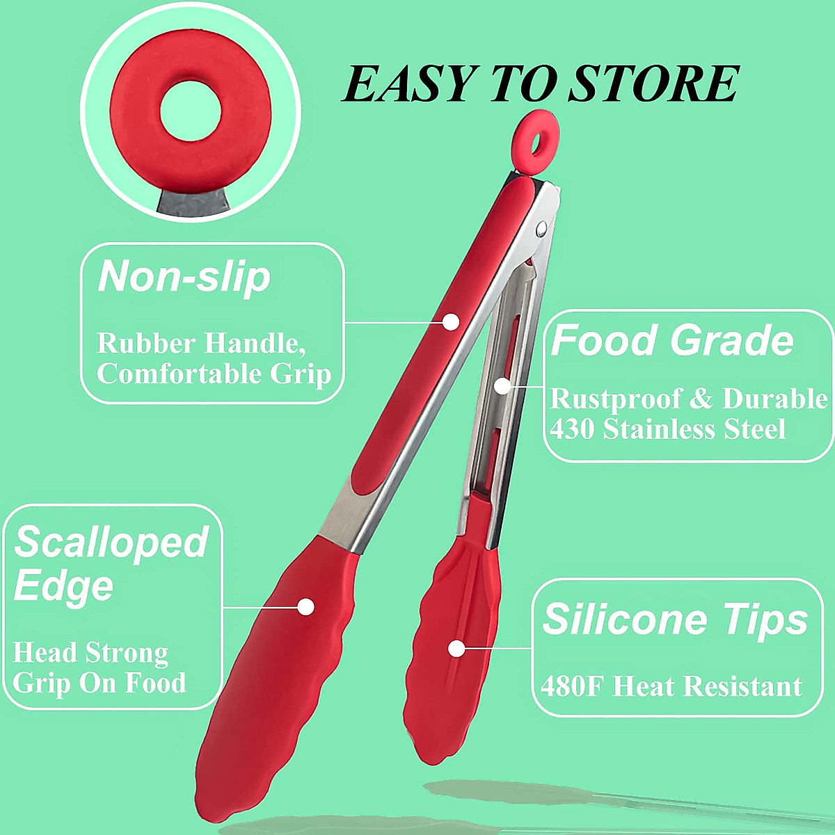 HST 3 Pack Kitchen Tongs, Non Stick Stainless Steel 9 Inch Tongs With Silicone Tip for Cooking BBQ Baking(Red)