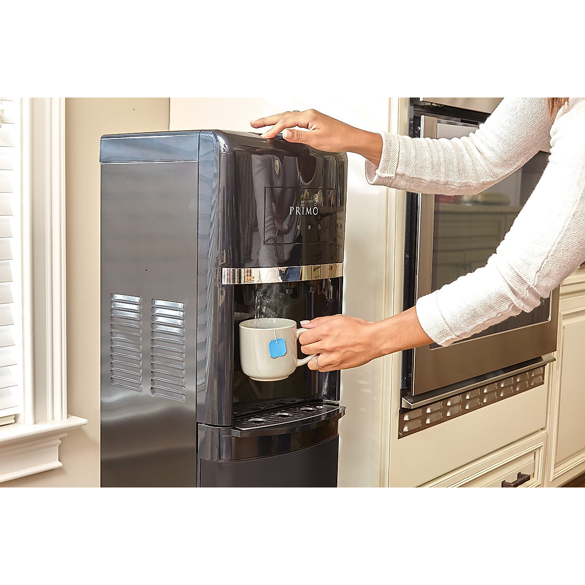 Primo Bottom Loading Water Dispenser, 3 Temp (Hot-Cool-Cold) Water Dispenser for 5 Gallon Bottle w/Child-Resistant Safety Feature, Black with Black Stainless Door