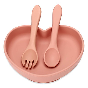 Suction Plate, Socub Silicone Plate for Baby and Toddler, Unbreakable Non-Slip Kids Plates with Spoon and Fork, BPA Free, Dishwasher and Microwave Safe, Muted