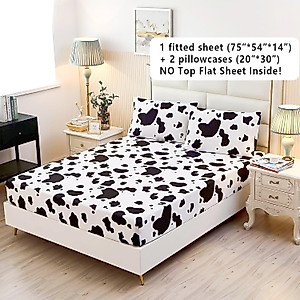 SDY 3PCS Milk Cow Print Stuff Bedding Fitted Sheet Set Queen Size, Cartoon Cow Pattern Fitted Sheet with Deep Pocket and 2 Pillowcases, Cute and Cozy, Kawaii Bed for Kids, Children, Boys, Girls, Teens