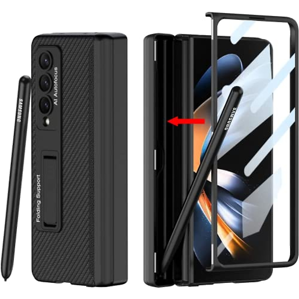 ELEPIK Armor PRO Series Case for Galaxy Z Fold 4 with Built-in Tempered Glass Screen Protector, Closed S Pen Holder [Avoid S Pen Lost], Hinge Protector, Kickstand, Wireless Charging (Black)