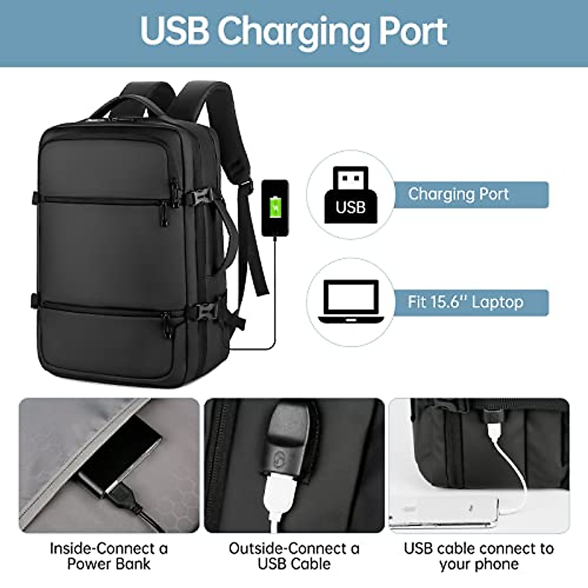 DAILY&DIARY Travel backpack, Carry On Backpack for Men Women 40L Traveling Backpack Flight Airline Approved 15.6 Inch Waterproof Laptop Backpack with USB Charging Port, Black