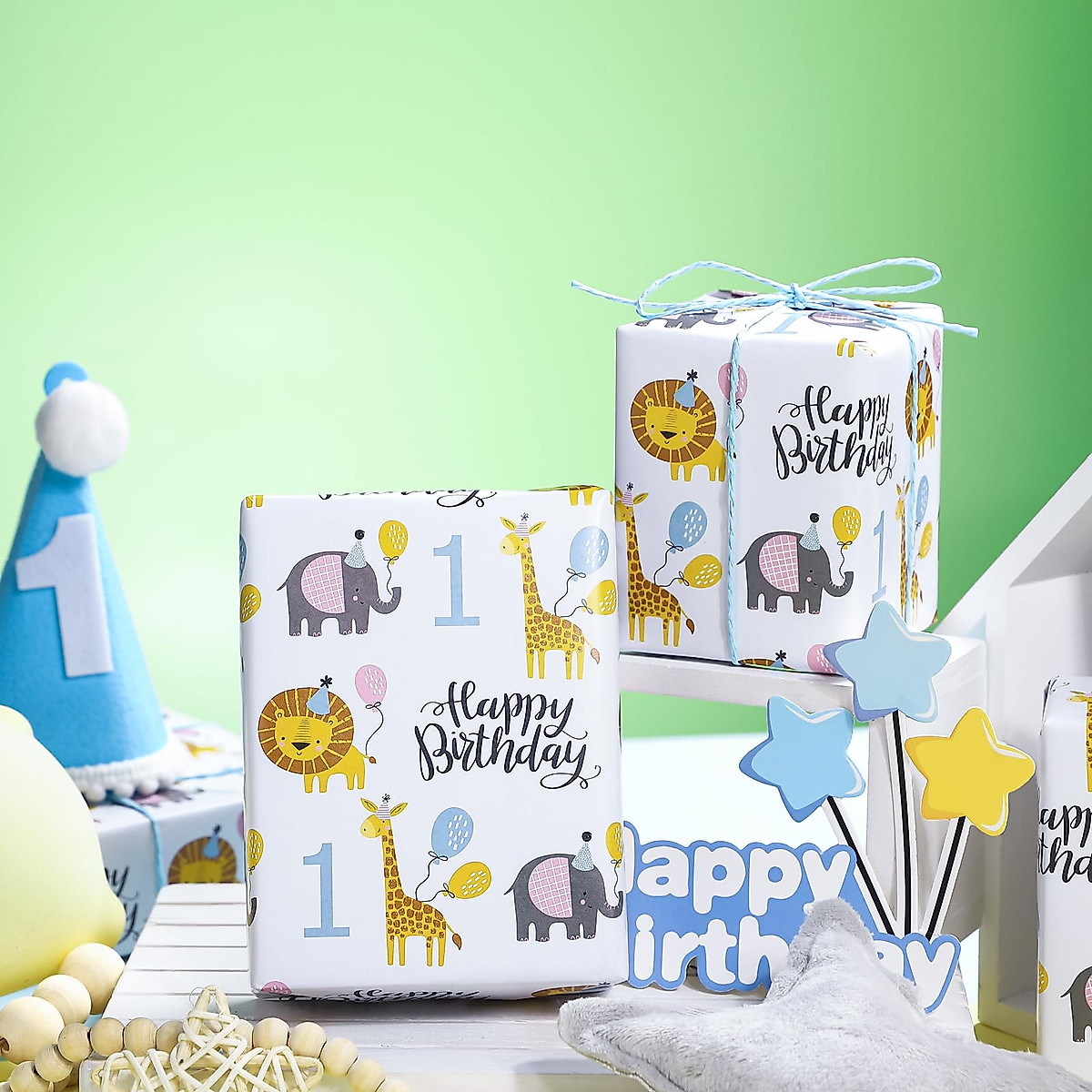 WRAPAHOLIC 1st Birthday Wrapping Paper Sheet - 6 Sheets Cute Animal Design Folded Flat for Birthday, Party, Baby Showers - 19.7 Inch X 27.5 Inch Per Sheet