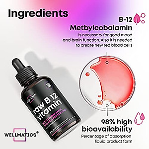Wellmatics Vitamin B12 Sublingual - Premium B12 Vitamin 5000 mcg - Made in The USA - Methylcobalamin B12 Liquid Supplement - Natural Energy, Mood & Metabolism Increase - Vegan B12 Drops - 2 fl oz