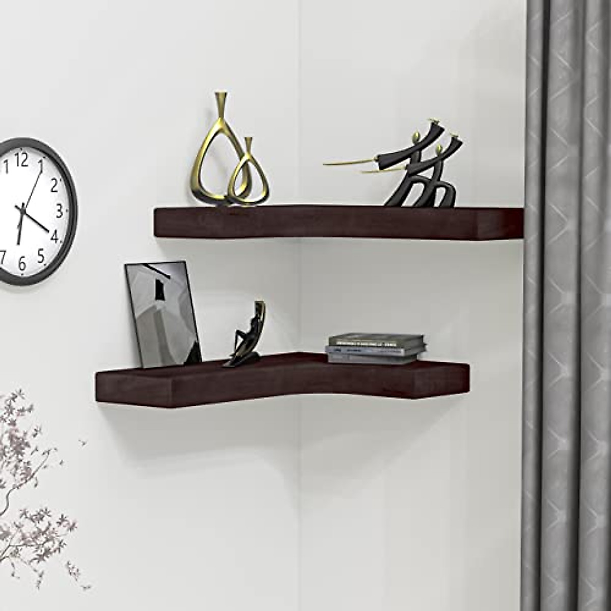 Cayln Corner Floating Shelves Wall Mounted, Invisible Mounting Brackets, Thick Rustic Wood Wall Shelves for Bedroom, Living Room, Bathroom, Kitchen, Set of 2, Brown