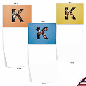 The Best Card Company - 10 Initial Letter “K” Assorted Blank Notecards Beautiful Flower Personal Stationary 4 x 5.12 Inch, Bulk Variety Pack for Thank You and Notes - Baroque Blooms K M3838OCB-B1x10