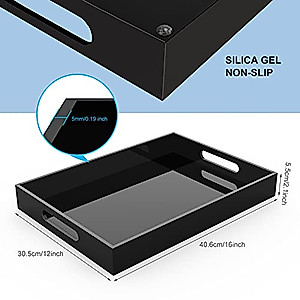Cilinta Acrylic Serving Trays with Handles, 16"x 12" Rectangle Sturdy Breakfast Trays, Black Decorative Trays Organiser for Bedroom, Kitchen, Living Room, Bathroom, Hospital and Outdoors