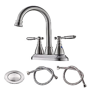 BRAVEBAR Two Handles Brushed Nickel Bathroom Faucets - 4In Centerset Bathroom Sink Faucet | 2 or 3 Hole Classical Lavatory Vanity Sink Faucets with Pop-up Drain Durable & Safety