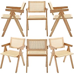Westice Rattan Dining Chairs Set of 6, Wooden Kitchen Chairs with Faux Cane Seat & Backrest, Solid Wood Legs, Comfy Farmhouse Retro Side Chair for Indoor Dining Room, Natural