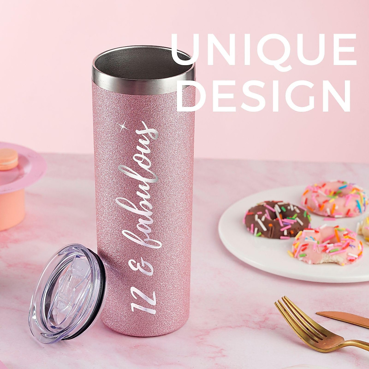 Onebttl Birthday Gifts for 12 Year Old Girl -12 & Fabulous - Tween Girl Gifts, Unique Design 20oz Skinny Tumbler, Novelty 12th Birthday Gifts for Girls, Card & Package Included - Pink
