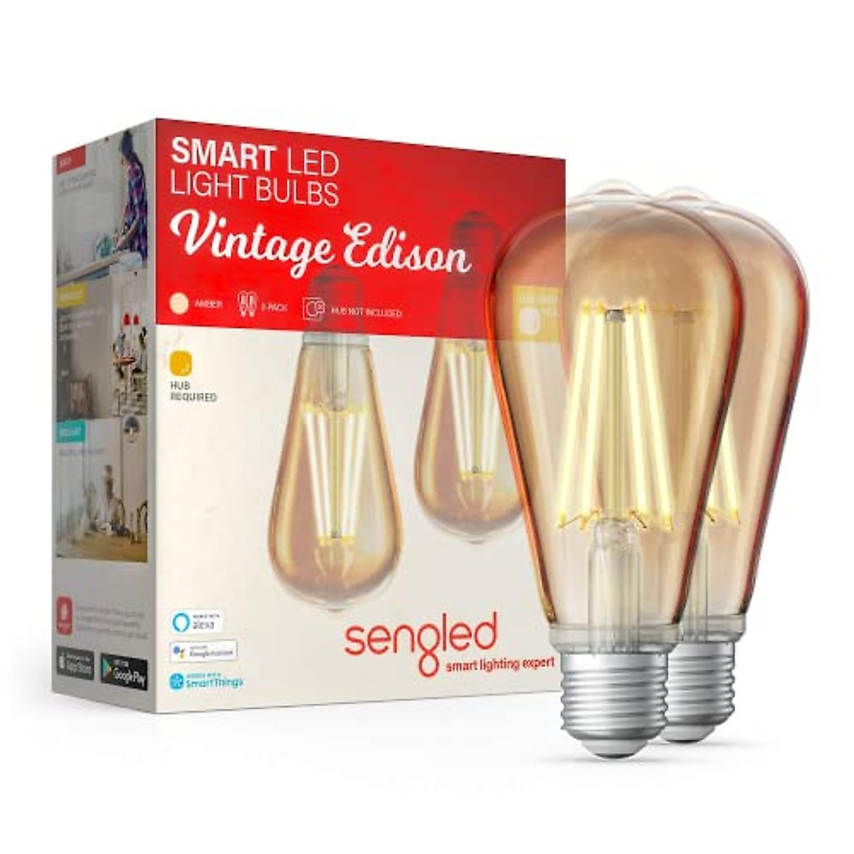Sengled Zigbee Edison Bulb, Smart Hub Required, Work with SmartThings and Echo with Built-in Hub, Dimmable Filament ST19 LED Smart Vintage Edison Bulb, Voice Activated with Alexa, 2000K/60W Eqv. 2PK