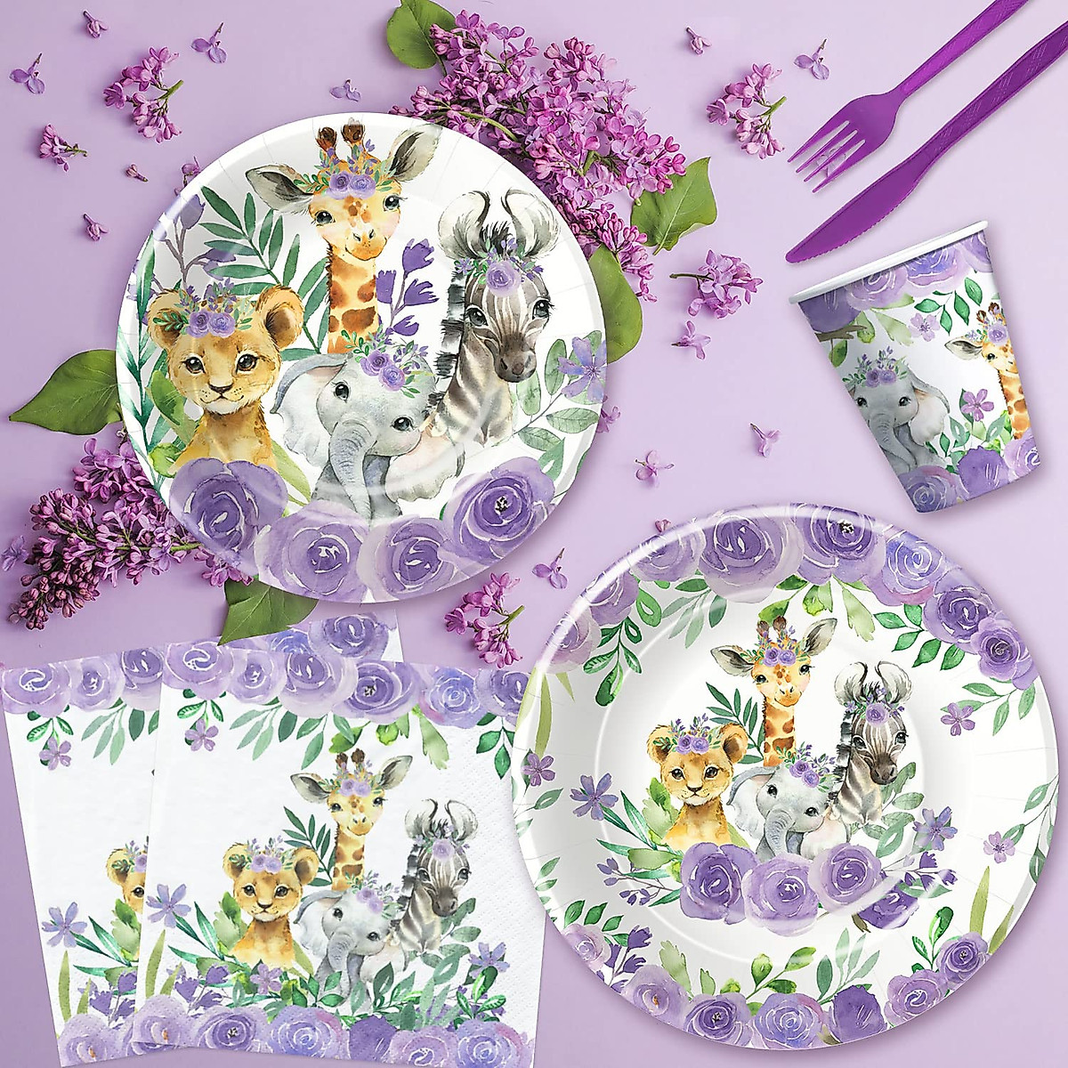 APOWBLS Safari Jungle Theme Party Supplies Girl - Jungle Safari Birthday Baby Shower Decorations Tableware, Plate, Cup, Napkin, Tablecloth, Cutlery, Straw, Animal Safari Party Decorations | Serve 24