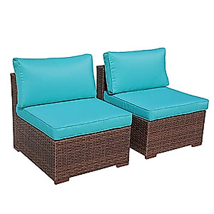 OC Orange-Casual 2 Piece Patio Wicker Armless Chair Outdoor Sofa Couch, Loveseat for Sectional Furniture Sets, Brown Wicker & Turquoise Cushion