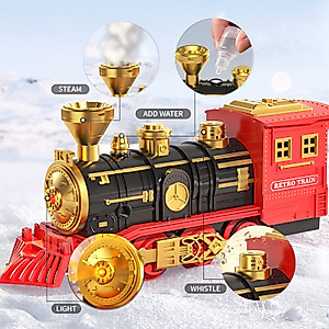 TEMI Train Set for Kids Toddlers 3-5, Train with Steam Engine, Cargo Car and Long Track, Rechargeable Battery Play Red Train Toys with Smoke, Light & Sounds, Gift for Boys & Girls 4-7 Years