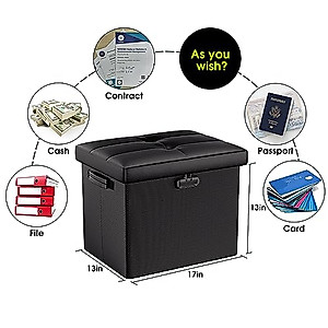 BALAPERI Storage Ottoman with Lid, Fireproof Folding Ottomans with Lock for Important Documents, Waterproof Padded Seat for Bedroom Foot Rest Stool for Living Room, 17 Inches Short Ottoman