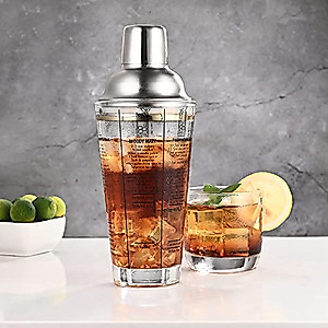 Etens Glass Cocktail Shaker, Martini Shaker 14oz with Recipes on Side | Clear Bar Shaker with Measurements | Built in Strainer with Seal | Crystal Drink Margarita Shakers Bartending