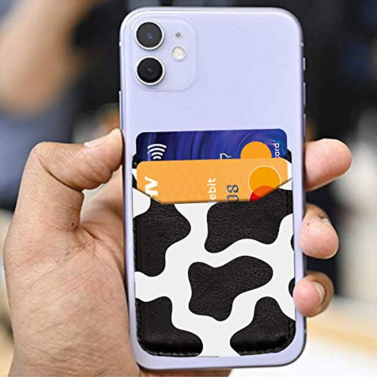 Cow Print Phone Credit Card Holder 3M Adhesive Stick on Wallet Pocket Case Mate for Cell Phone