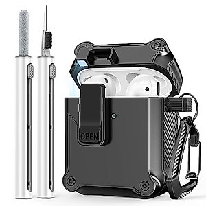 Airpods Case Cover with Cleaner kit,Automatic Snap Switch Design with Secure Lock Clip Protection for Apple Airpods 2nd/1st Generation Charging Case（Black）