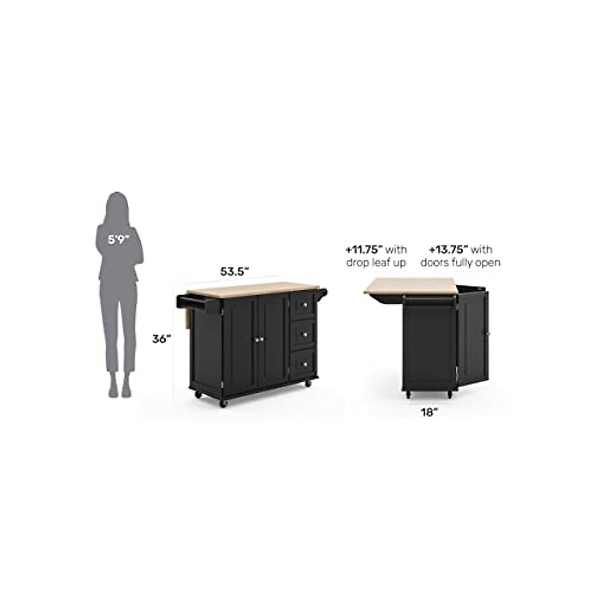 Homestyles Dolly Madison Kitchen Cart with Wood Top and Drop Leaf Breakfast Bar, Rolling Mobile Kitchen Island with Storage and Towel Rack, 54 Inch Width, Black