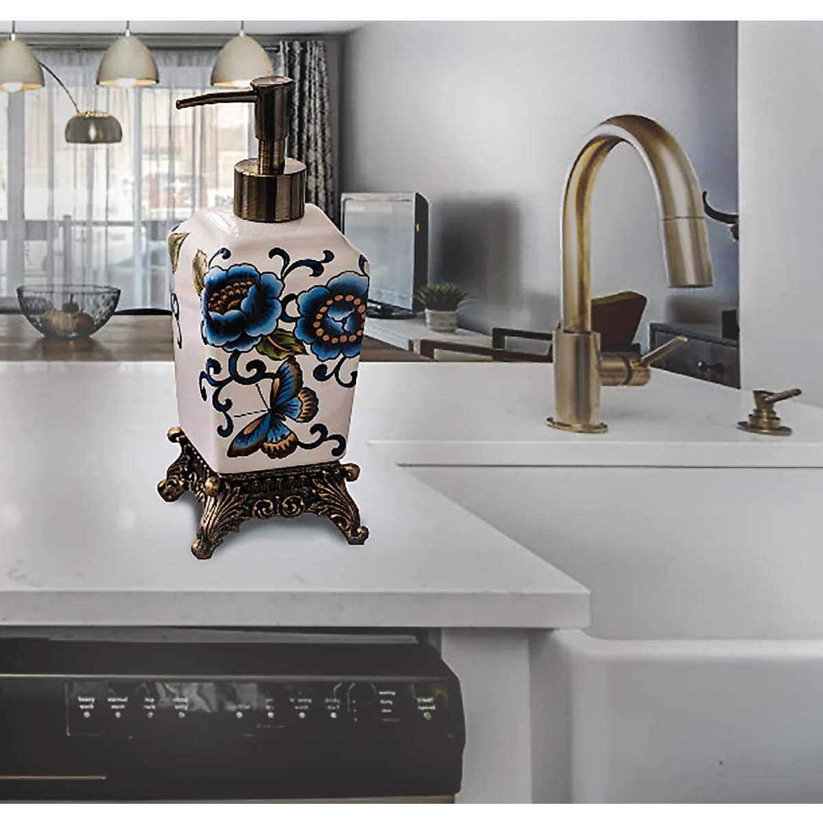 Kelake Ceramic Soap Dispenser - 12 oz Ice Crack Ceramic Liquid Hand Soap Dispenser with Removable Pump, Refillable Modern Classical Palace Style Dish Soap Dispenser for Bathroom and Kitchen