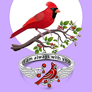 LOVGIFSET Cardinal Ring Angel Wing Ring Cardinal Appear When Angels are Near Feather Red Bird Rings for Women Sterling Silver Memorial Jewelry