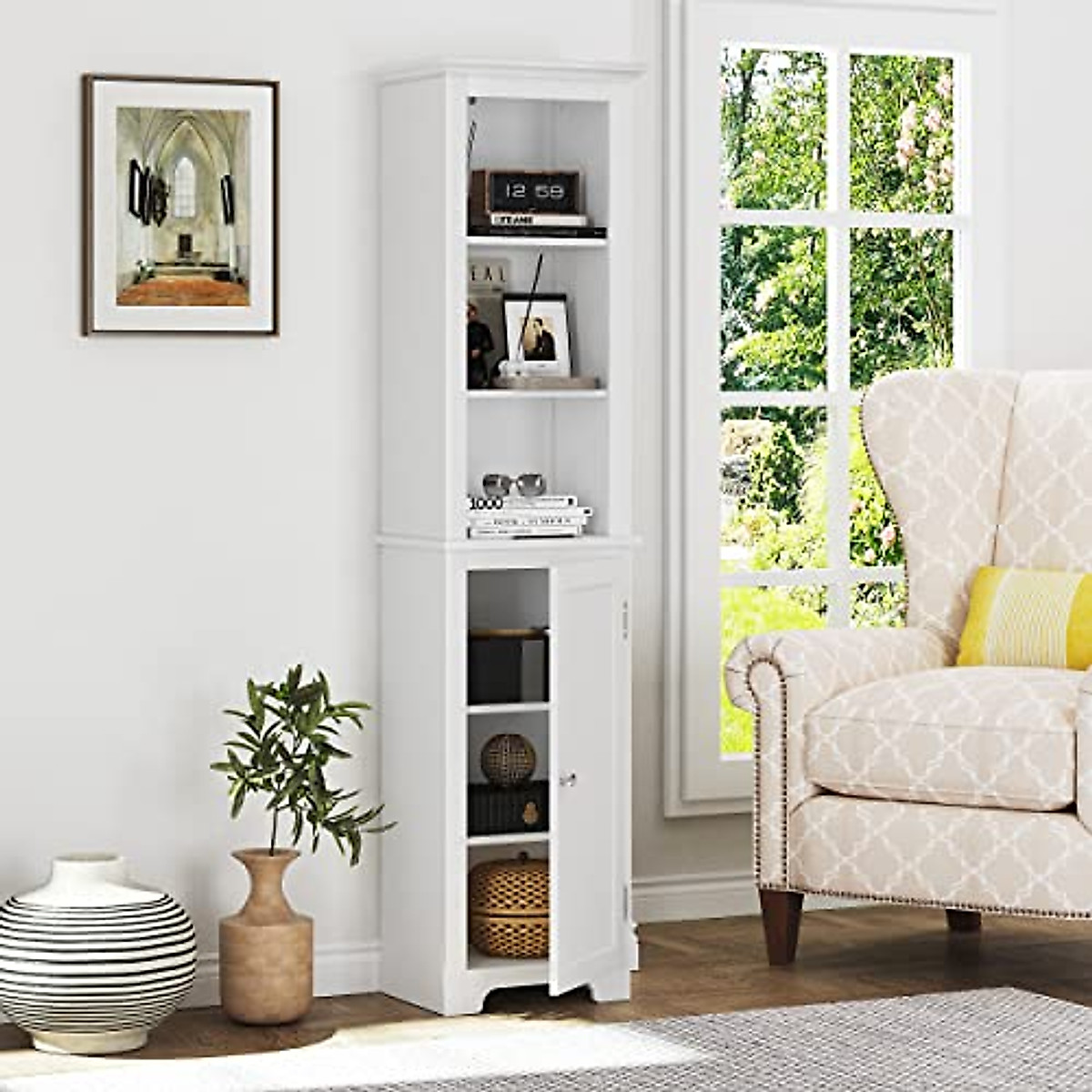 UTEX 64" Freestanding Storage Cabinet, Bathroom Tall Cabinet with Doors and Shelves, Free Standing Linen Tower, Home Storage Furniture,White