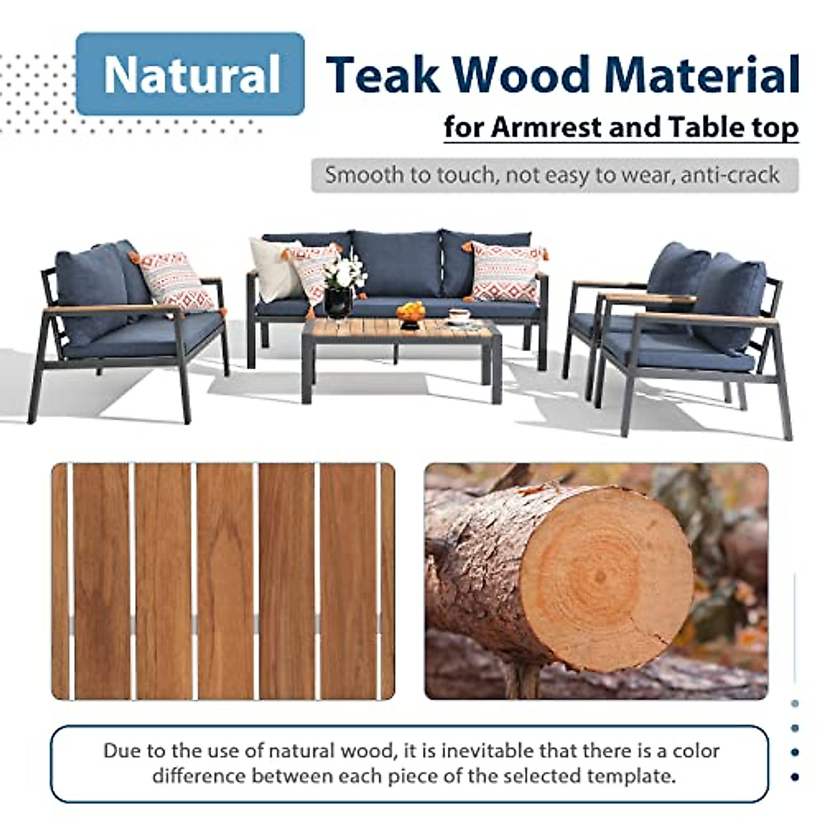 JOIVI Aluminum Patio Furniture Set, 5 Pieces Outdoor Conversation Set with Teak Wood Top Coffee Table, Sectional Sofa Set with Wood Armrest and Cushions for Outside Poolside, Lawn, Backyard, Navy Blue