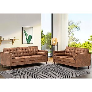 Lesofair Two Pieces Faux Leather Sofa Set with Bolster Pillows,Tufted 3-seat Sofa and Loveseat Couch with Wooden Legs, Upholstered Living Room Set for Living Room, Office, Brown