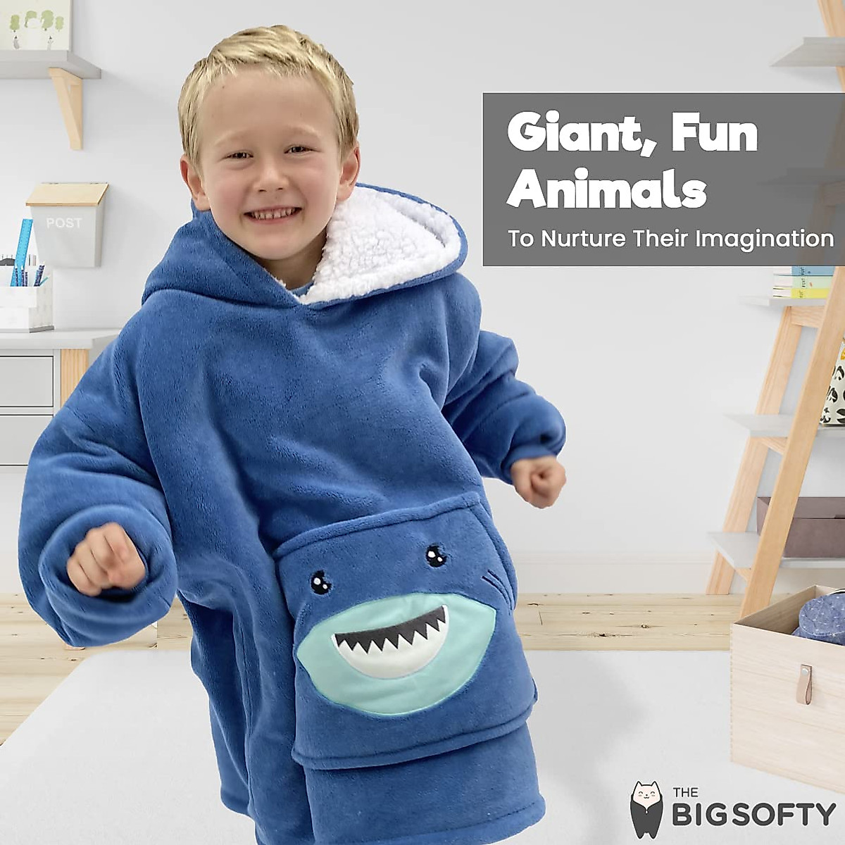 Wearable Blanket Kids 3-10yr, Fun Animal Kids Blanket Hoodie, Kids Comfy Hoodie Blanket, Kids Hooded Blanket Girl Boy Toddler (Blue Shark Hoodie)