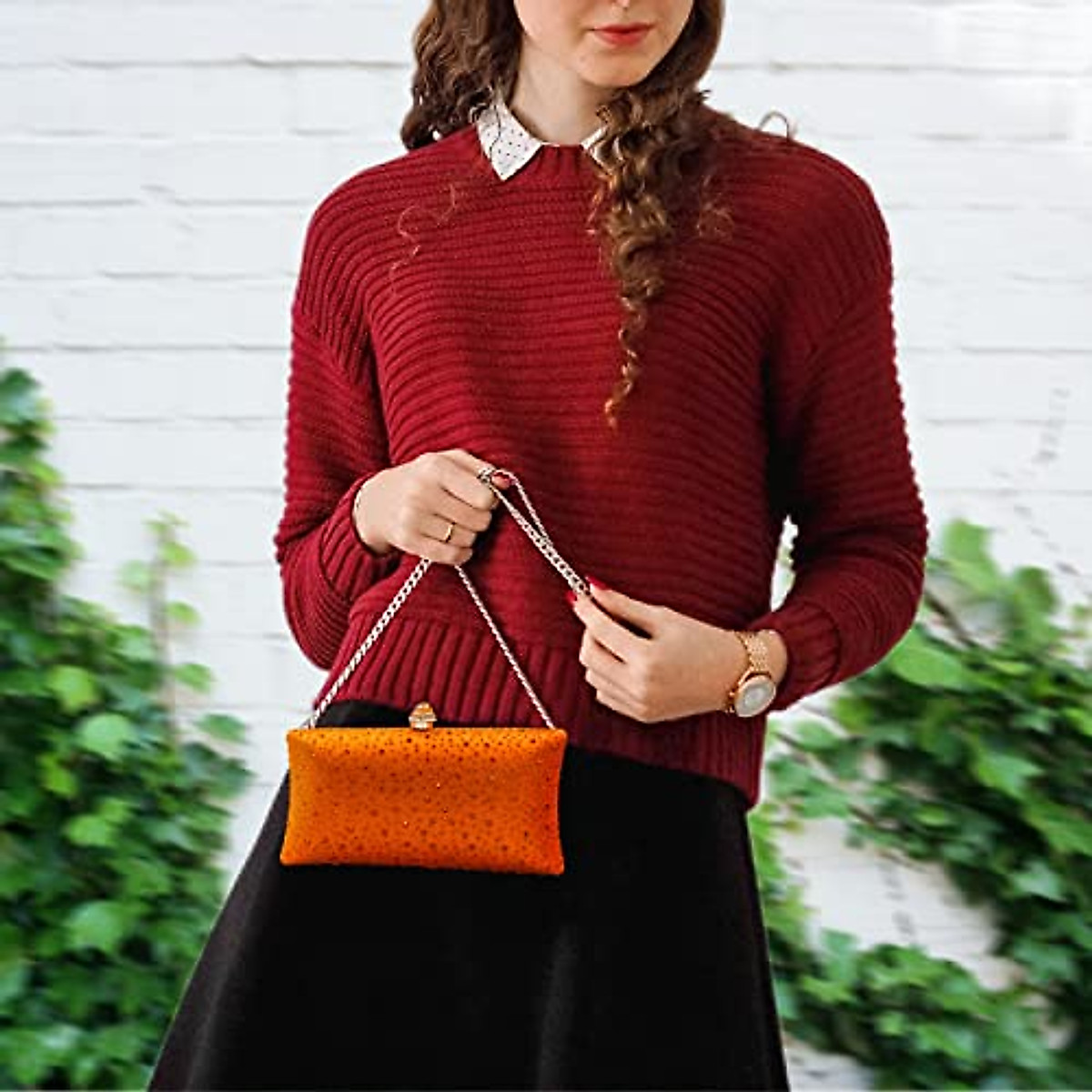 Women Handbags Rhinestone Evening Bags Party Purse Prom Wedding Bride Crystal Party Clutches Bag with Chain (Orange)