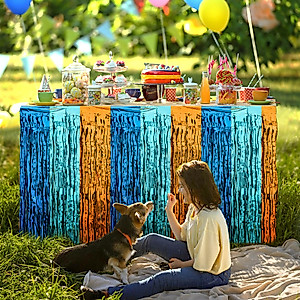 Blue Dog Birthday Party Decorations, Wavy Blue Orange Table Skirt Metallic Tinsel Foil Fringe Streamers for Square or Round Table (6ft/8ft), Blue Dog Themed Party Supplies - 29x108 Inches (2 Pcs)